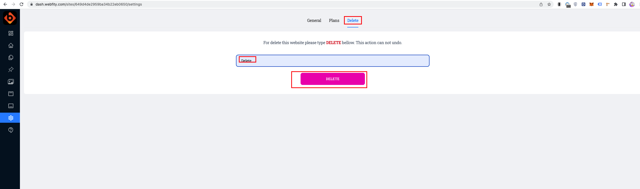 How to delete a Website - Webfity Sites Manager